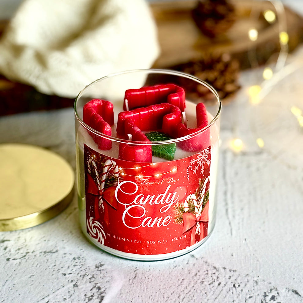 Candy Cane 3 wick Soy Candle with Golden Lid – Flame N Decor